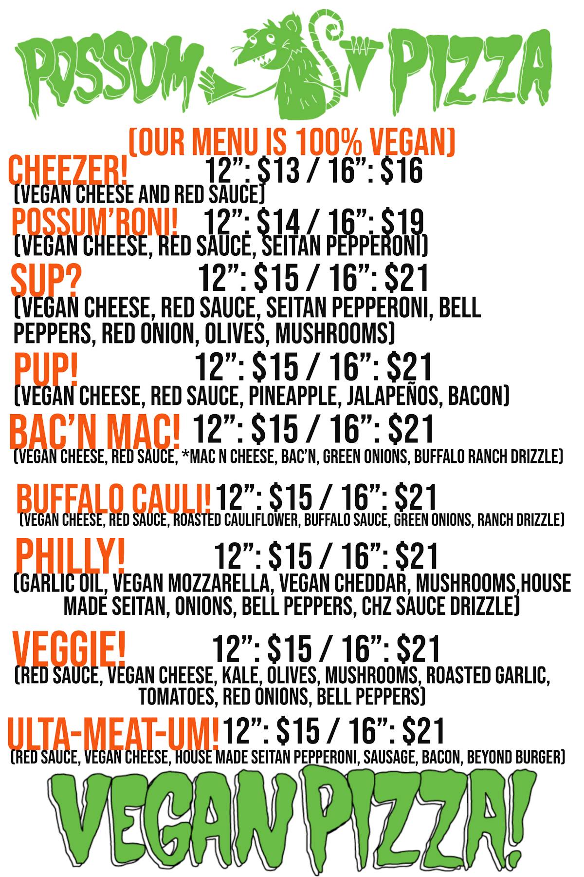 Menu at Possum Pizza pizzeria, Austin, E Cesar Chavez St