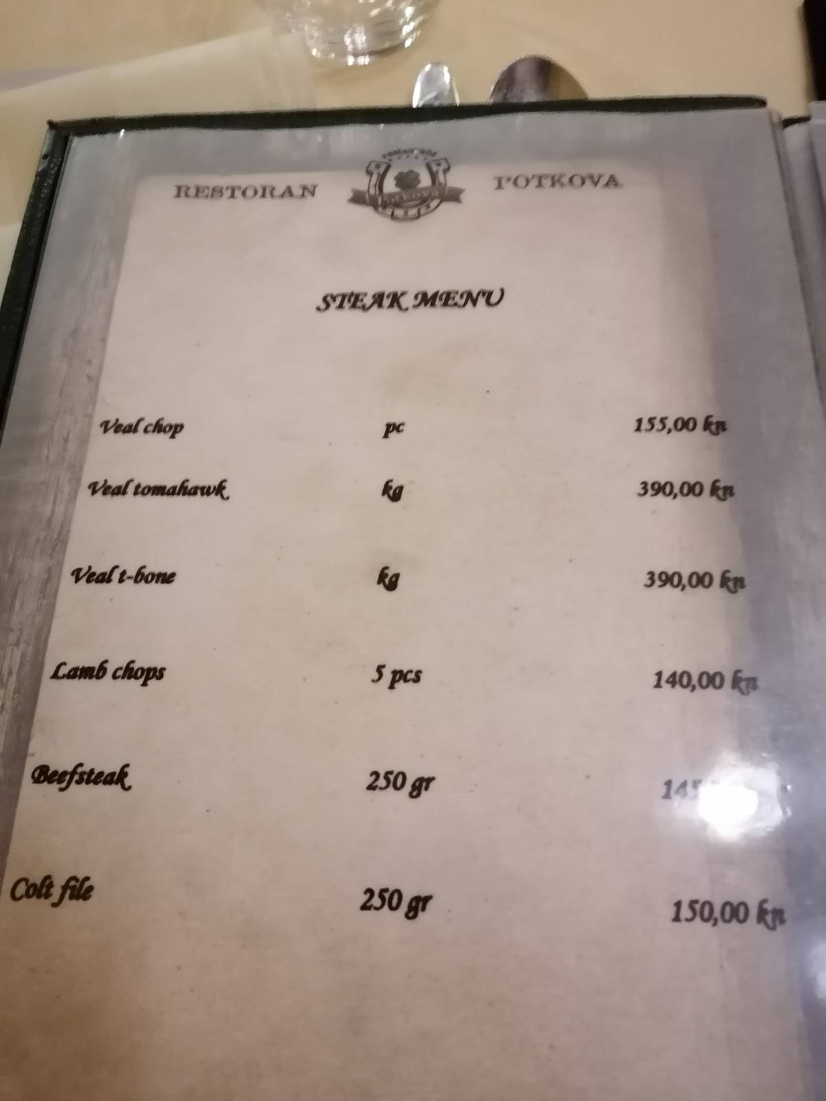 Menu at Potkova restaurant, Zagreb