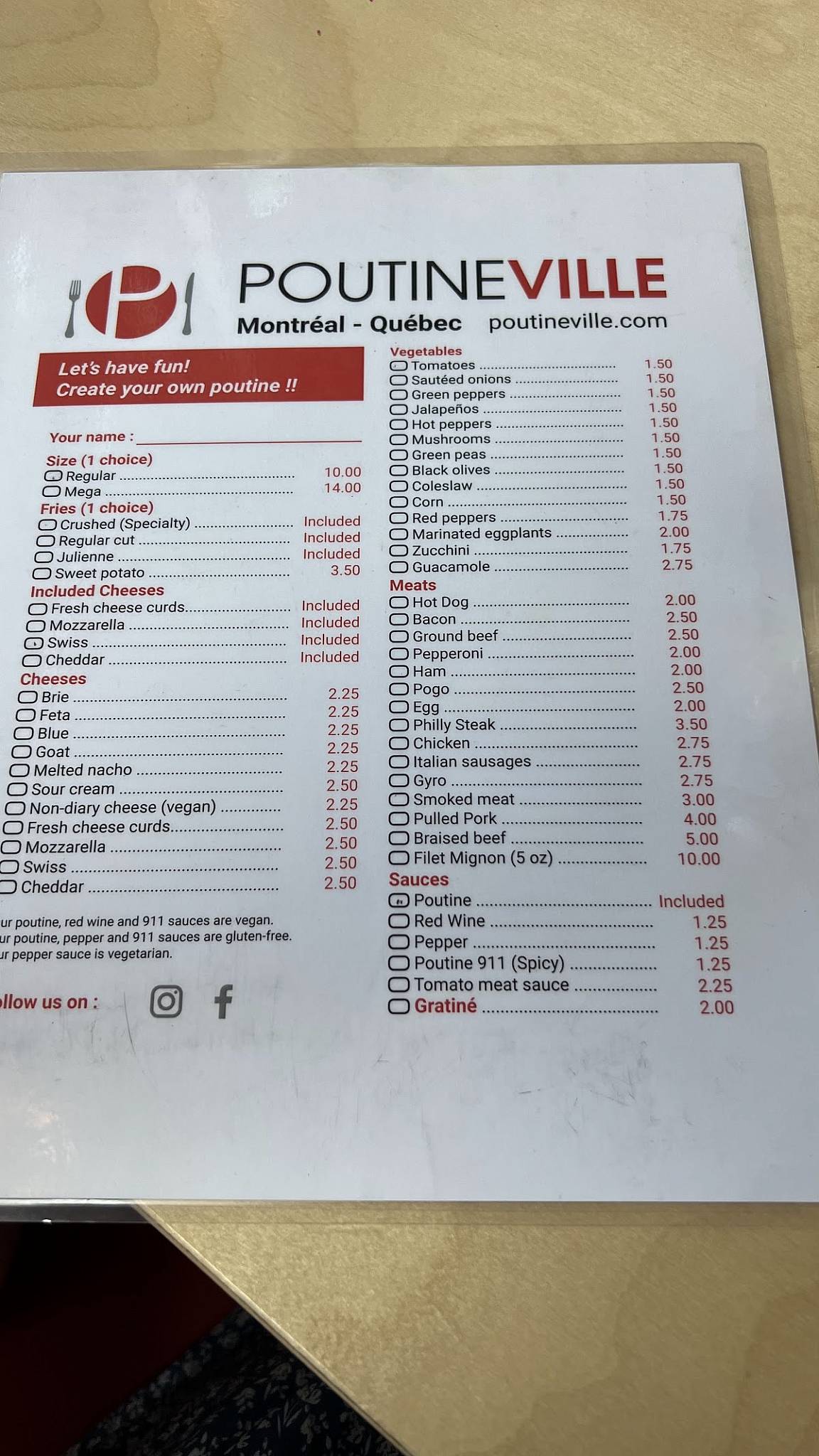 Menu au Restaurant Poutineville Saint-Roch, Québec, 735 Rue Saint-Joseph E