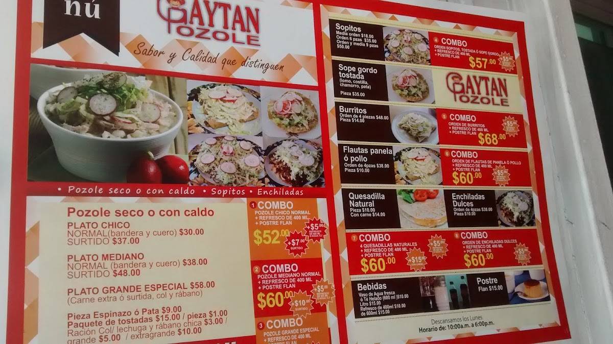 Menu at Pozole Gaytán restaurant, Colima