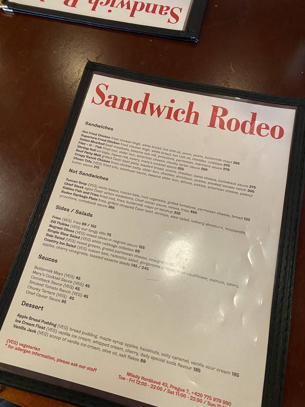 Menu at Sandwich Rodeo restaurant, Prague