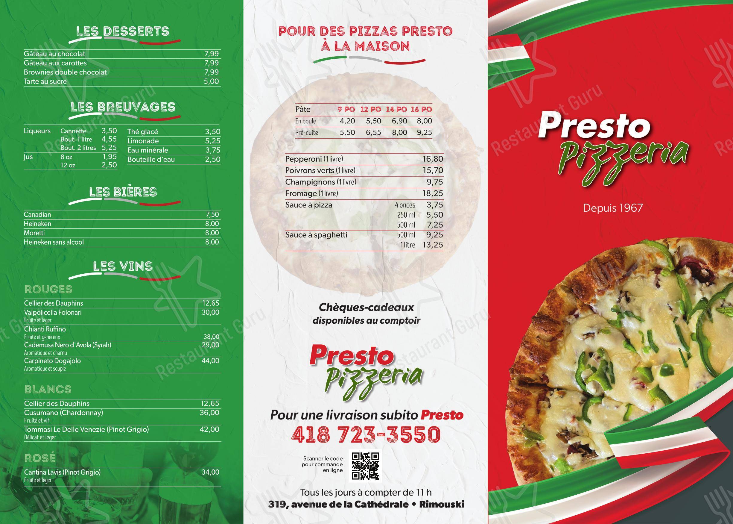 Menu au Presto Pizzéria pizzeria, Rimouski