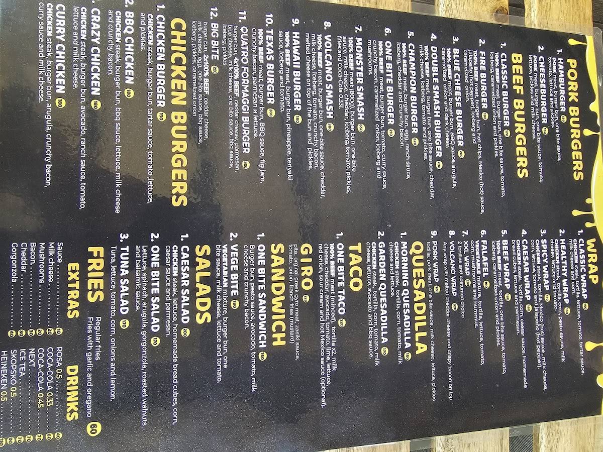 Menu at One Bite restaurant, Prilep