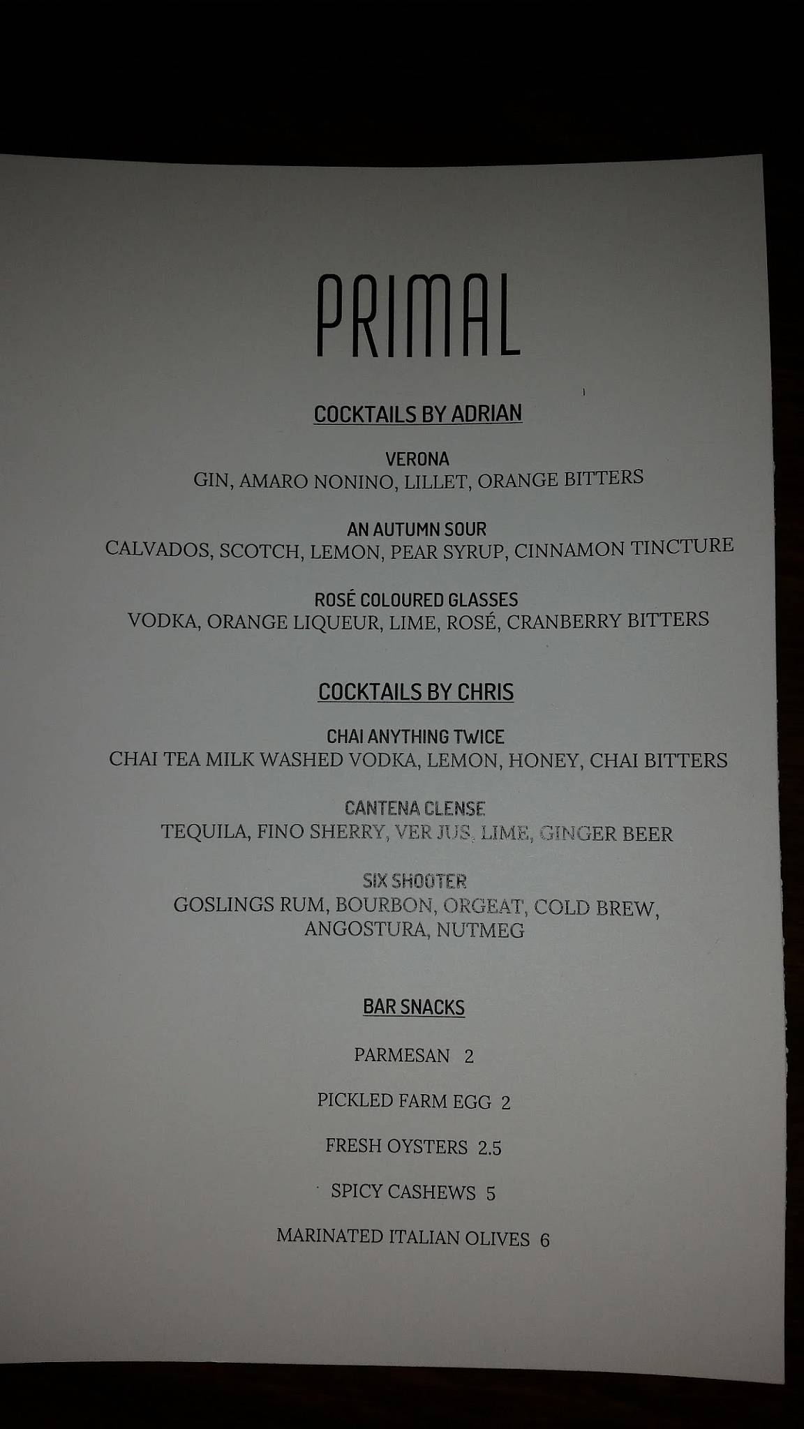 Menu at Primal restaurant, Saskatoon