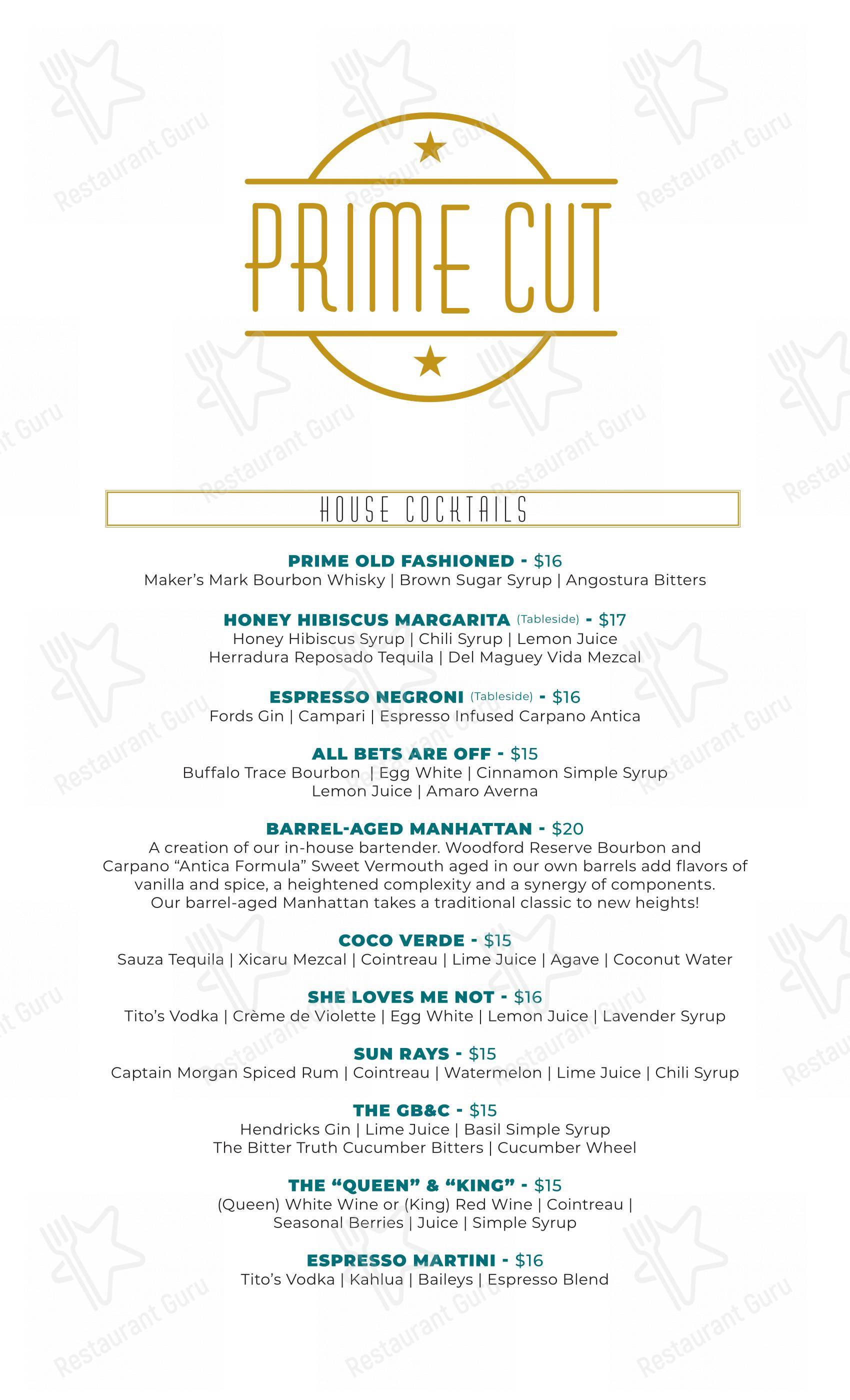 Carta de parrilla Prime Cut Steak & Seafood, Jamul