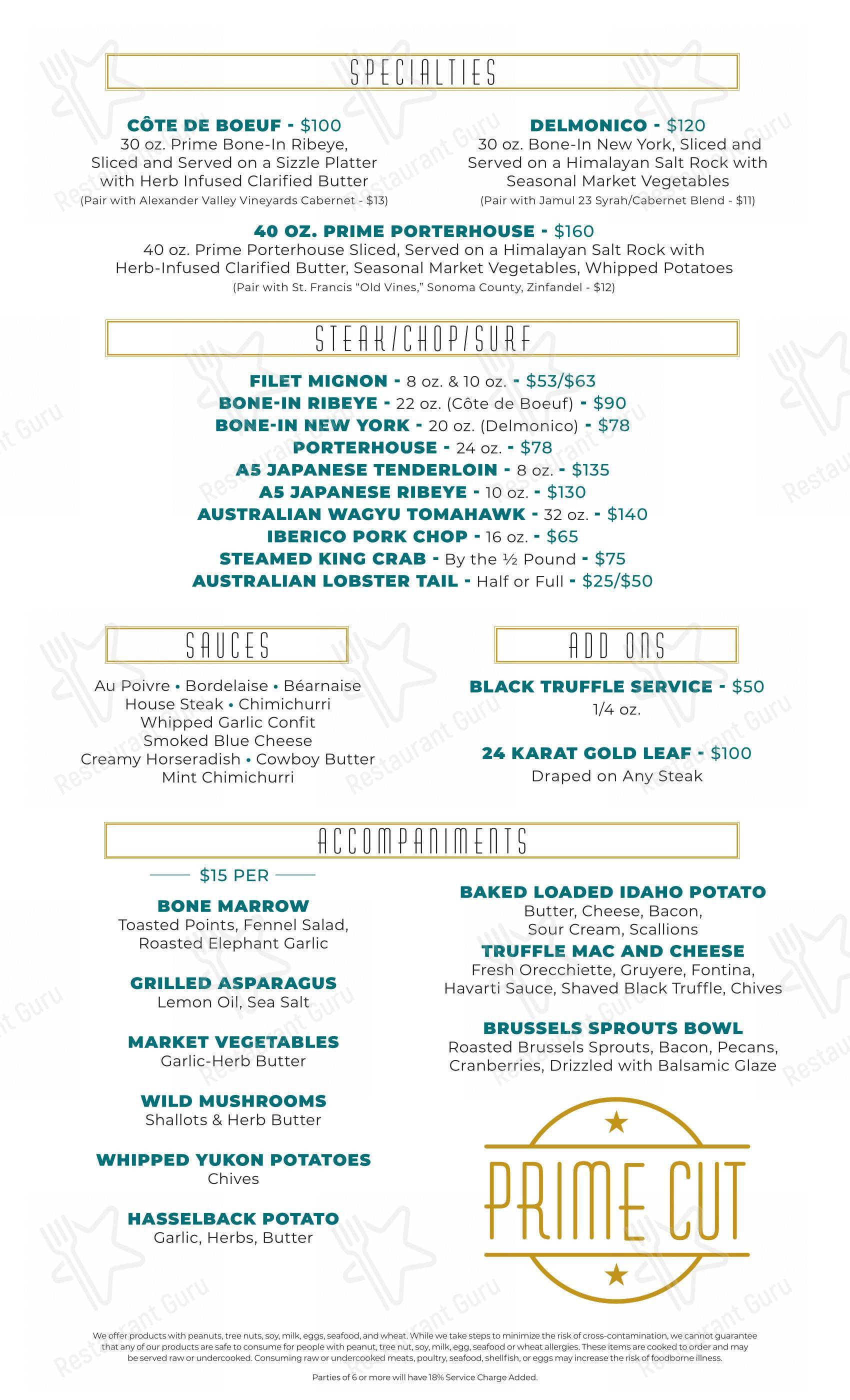 Menu at Prime Cut Steak & Seafood steakhouse, Jamul