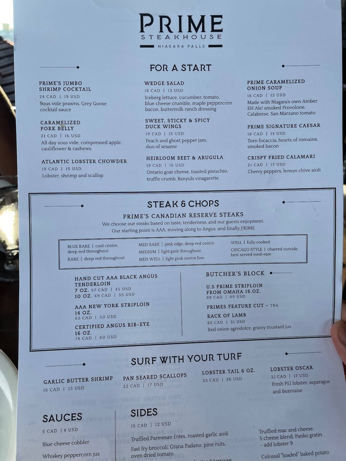 Menu at Prime Steakhouse Niagara Falls, Niagara Falls