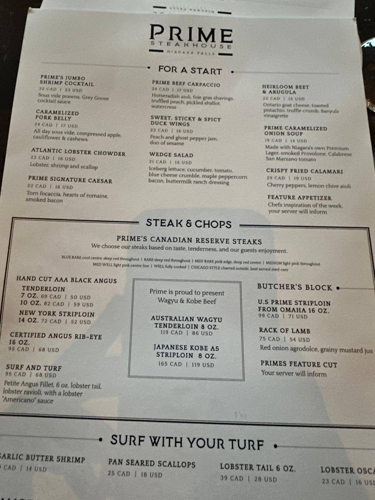 Menu at Prime Steakhouse Niagara Falls, Niagara Falls