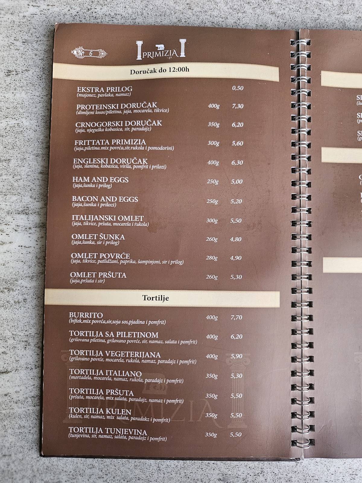 Menu at Primizia restaurant, Podgorica