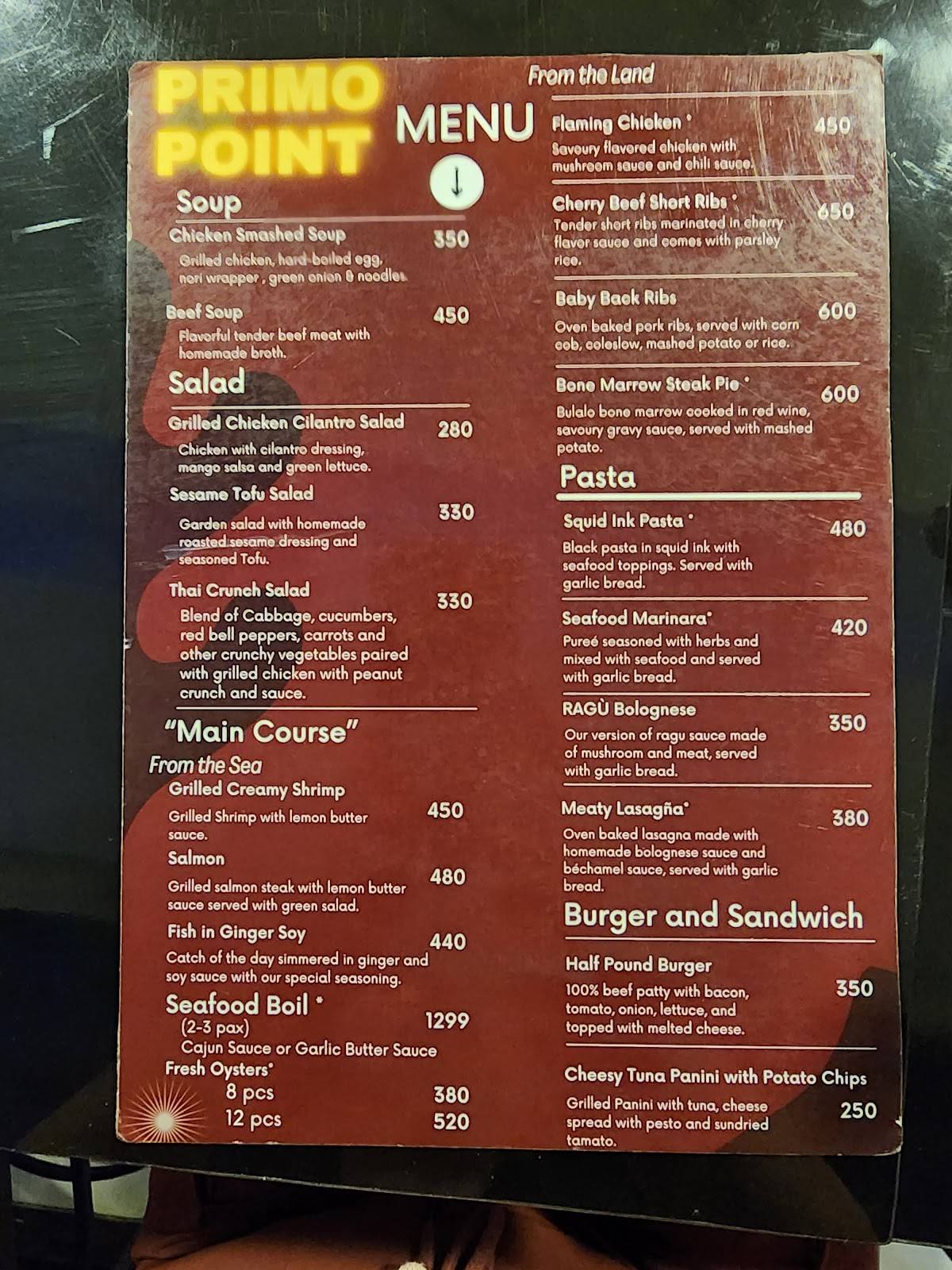 Menu at Primo Point Bar and Restaurant, Baguio