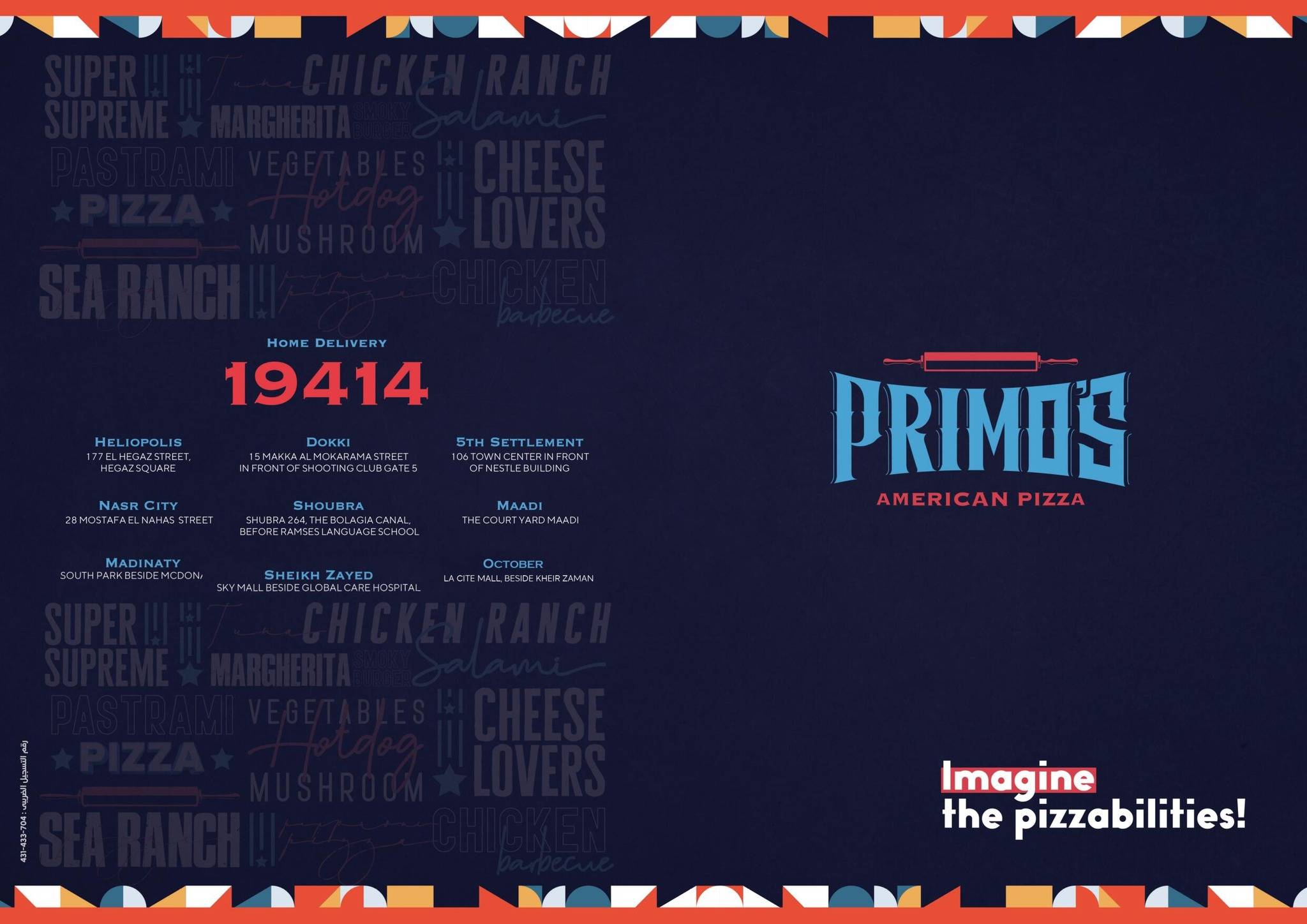Menu at Primo's Pizza restaurant, Cairo, 177 El Hegaz St