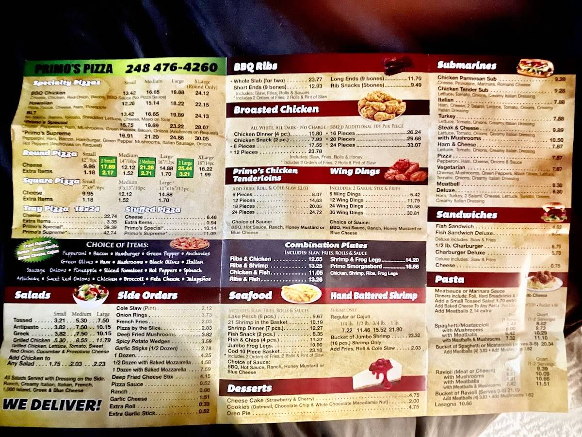 Menu at Primo's Pizzeria, Livonia, W Seven Mile Rd