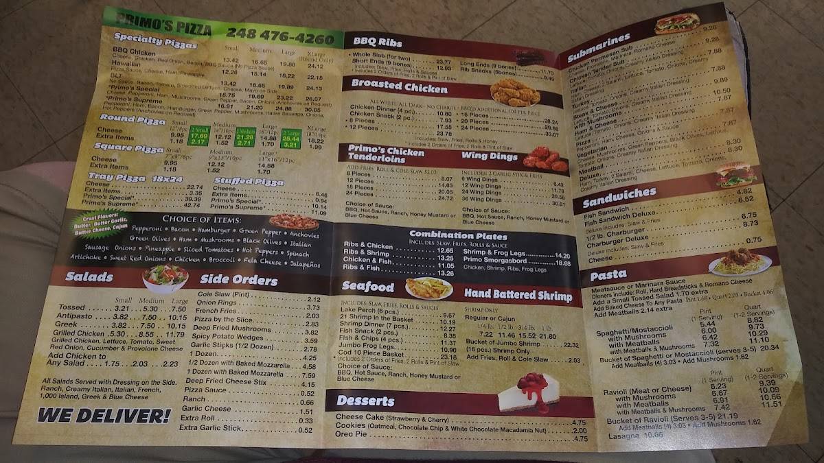 Menu at Primo's Pizzeria, Livonia, W Seven Mile Rd