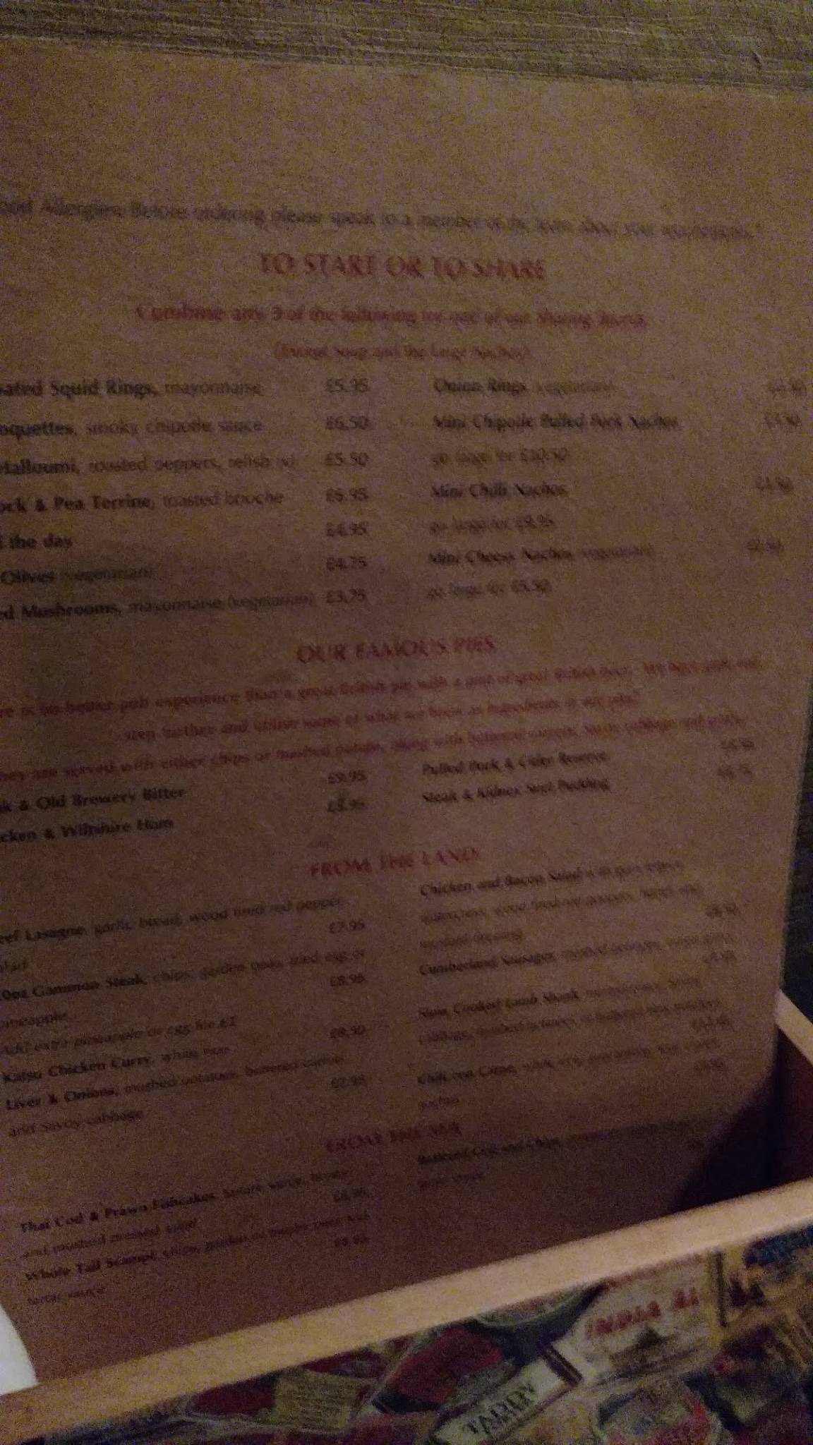 Menu at Princess Louise pub & bar, London