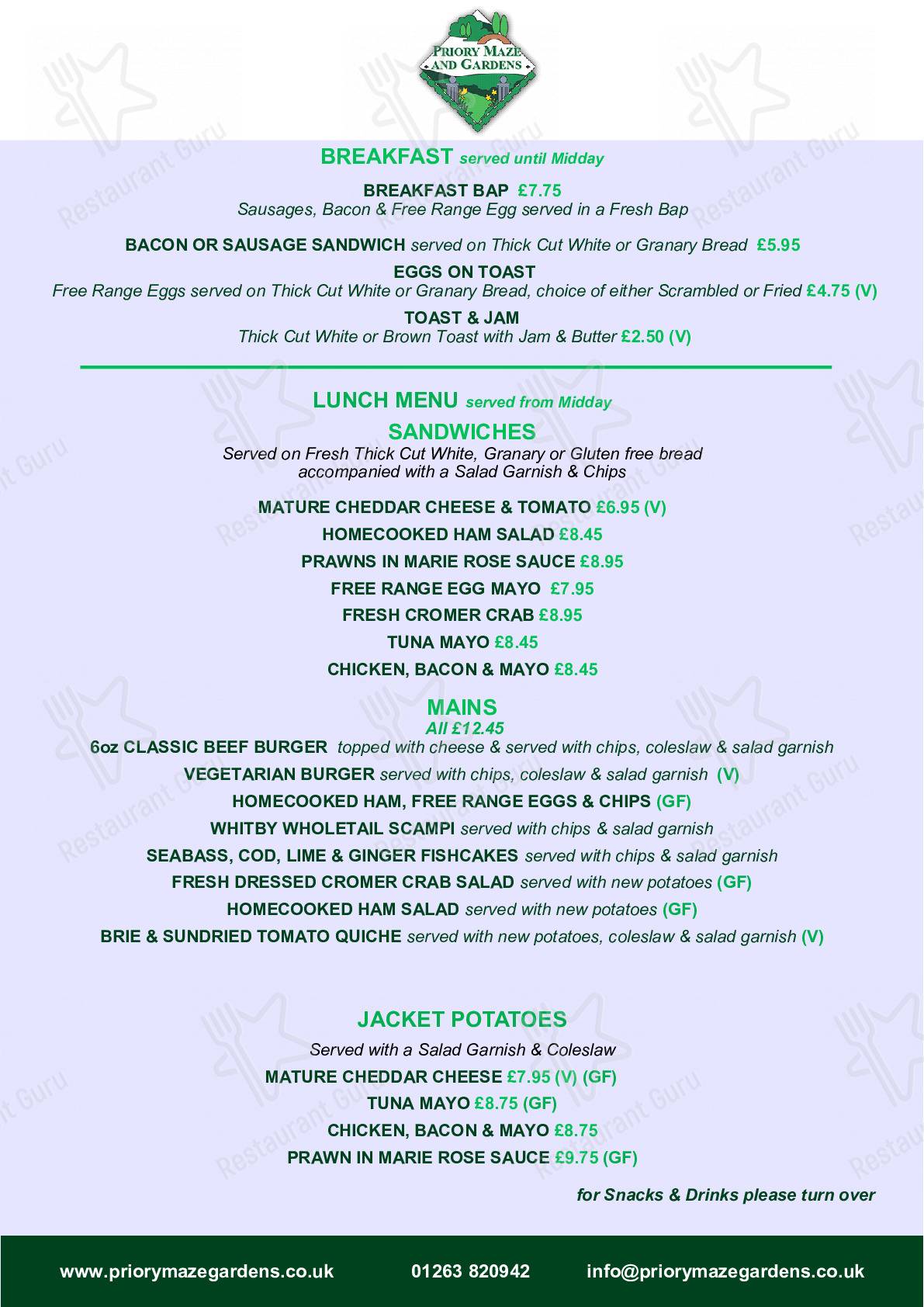 Menu at Priory Tea Room cafe, Sheringham