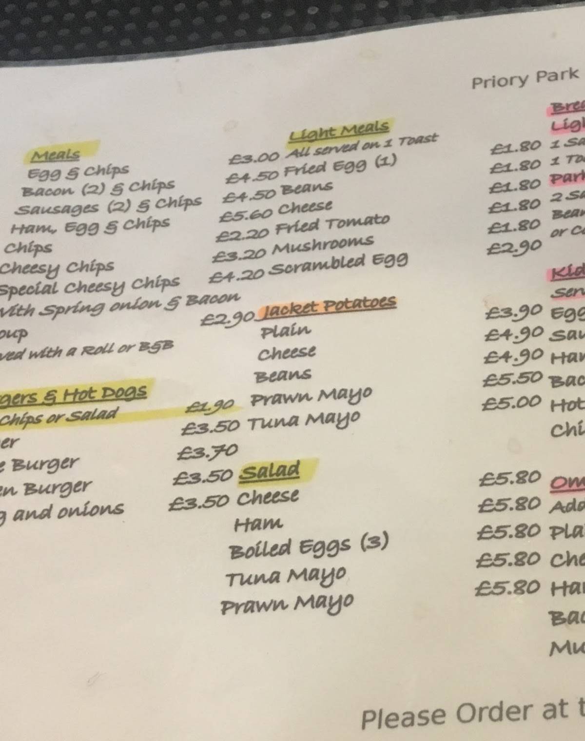 Menu at Priory Park Cafe, Southend-on-Sea