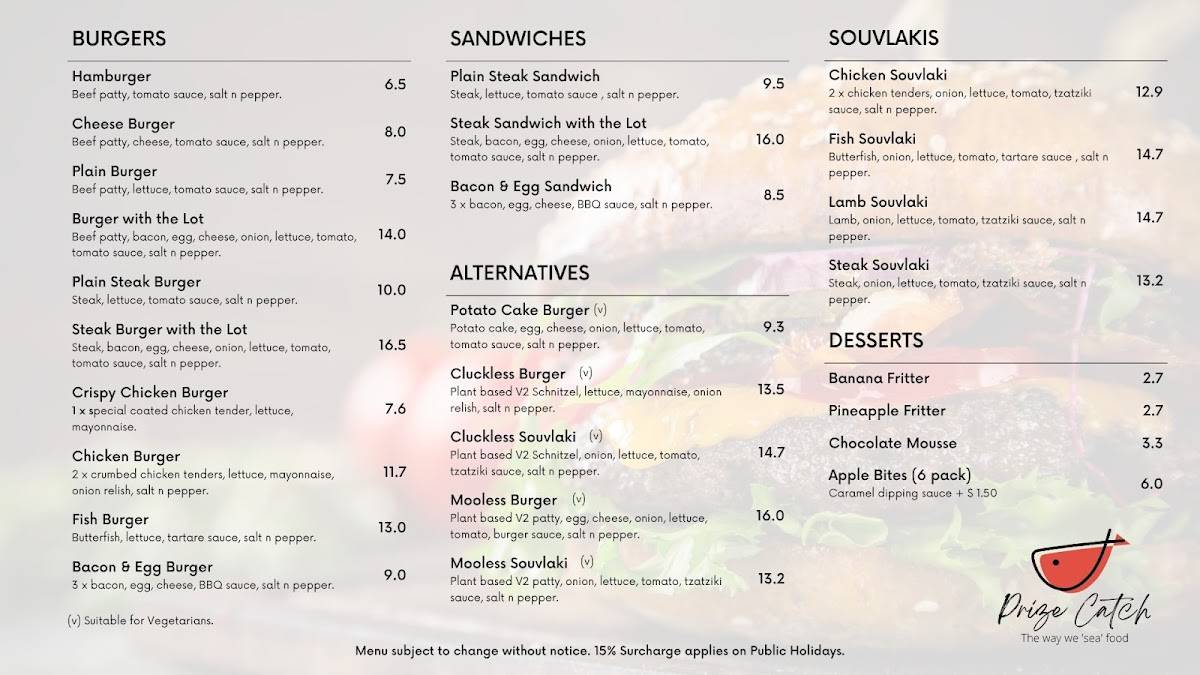 Menu at Prize Catch Fish & Chips restaurant, Geelong