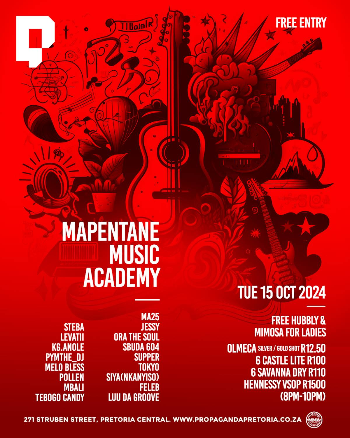 Menu at Propaganda Pretoria club, Pretoria