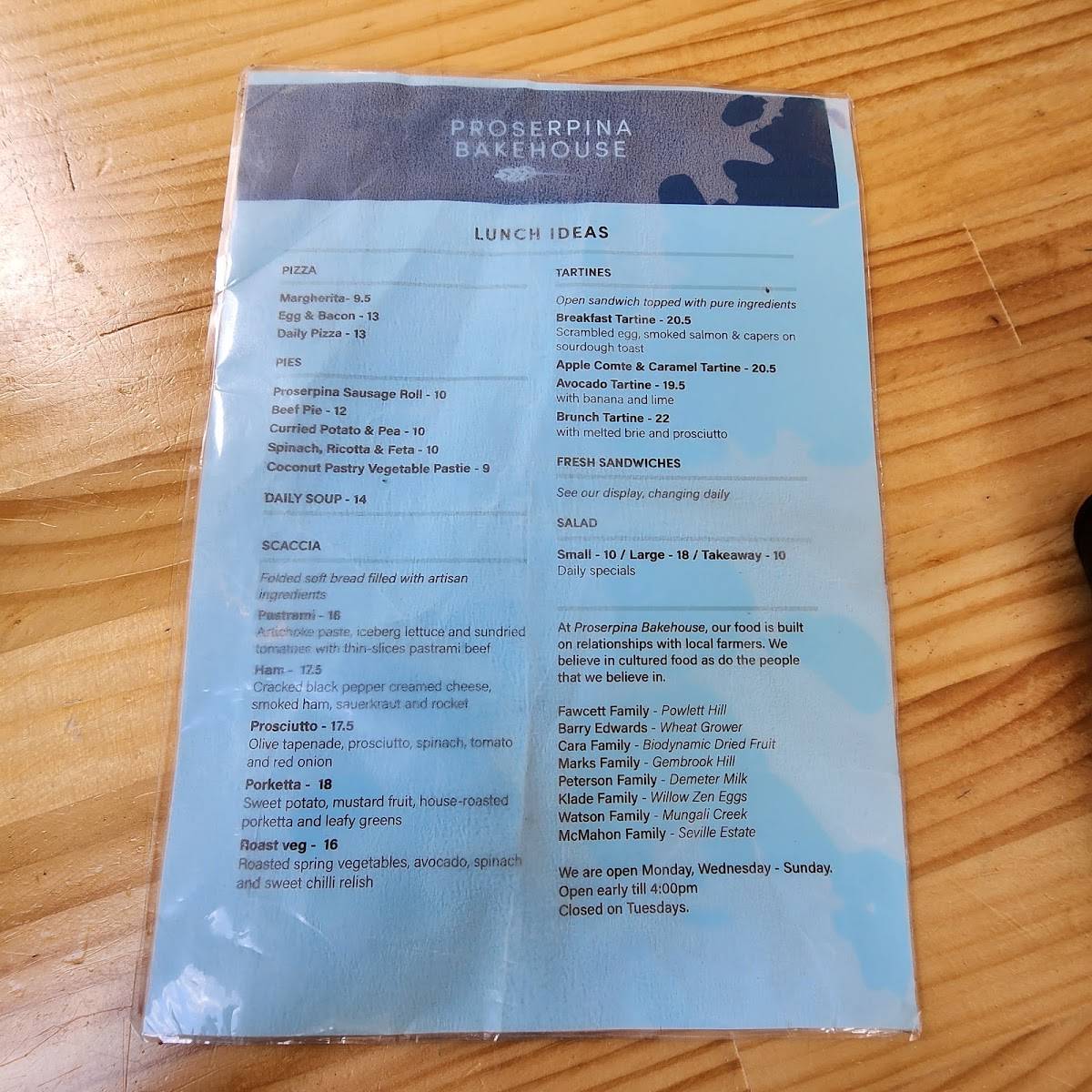 Menu at Proserpina Bakehouse cafe, Sassafras