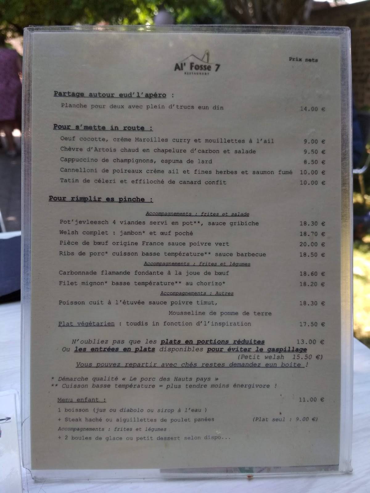 Menu au A l'Fosse 7 Restaurant, Avion