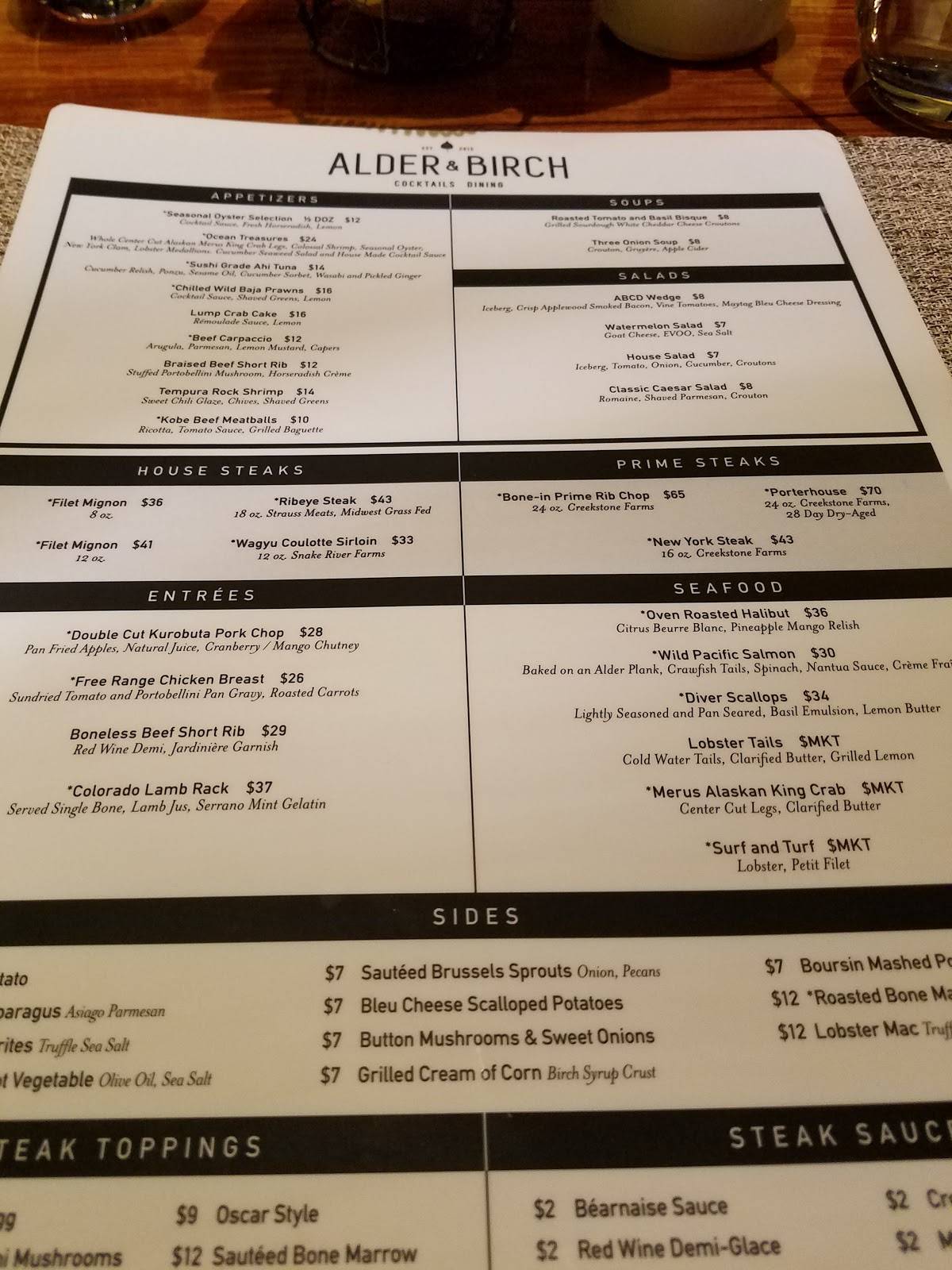 Menu at Alder & Birch pub & bar, Las Vegas