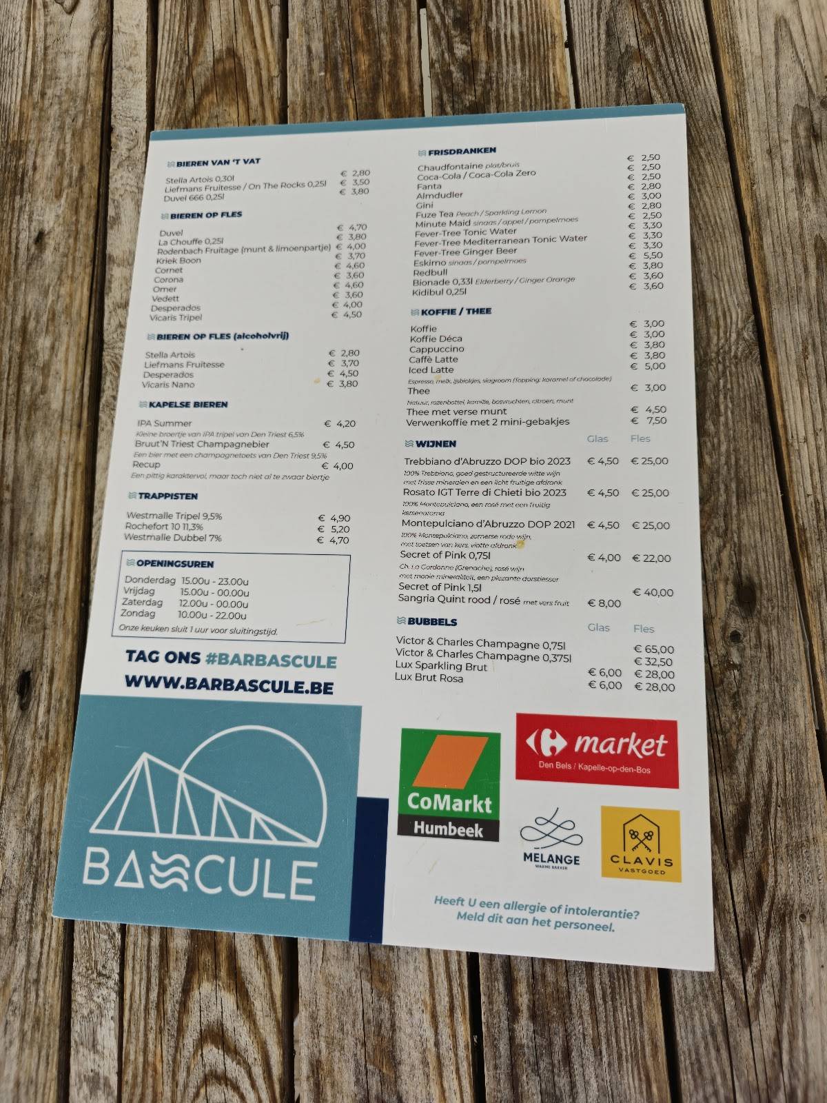 Menu at Bar Bascule, Kapelle-op-den-Bos