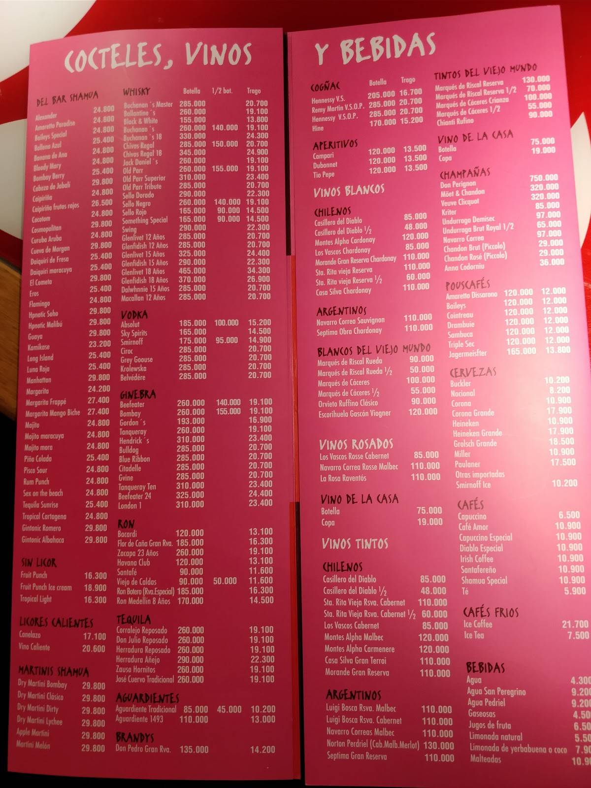 Carta de Bar Shamua, Bogotá, Av. Cra 19 #114-70