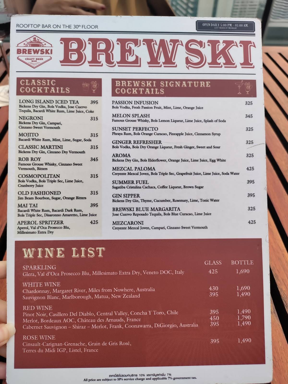 Menu at Brewski pub & bar, Bangkok