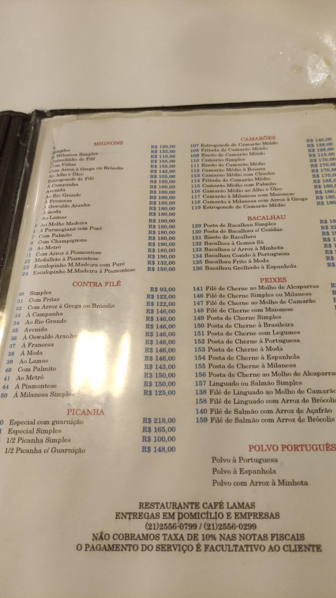 Menu em Café Lamas, Rio de Janeiro, R Marquês de Abrantes 18