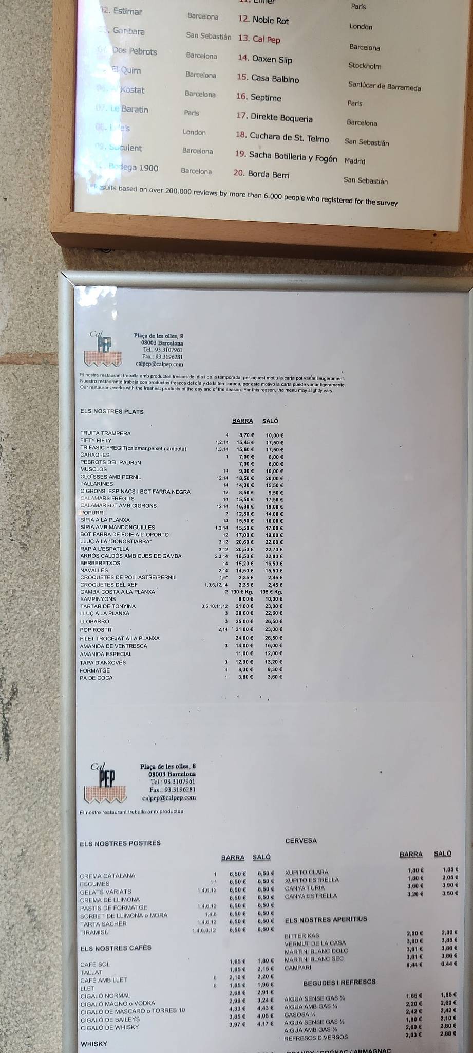 Menu at Cal Pep pub & bar, Barcelona, Plaça de les Olles
