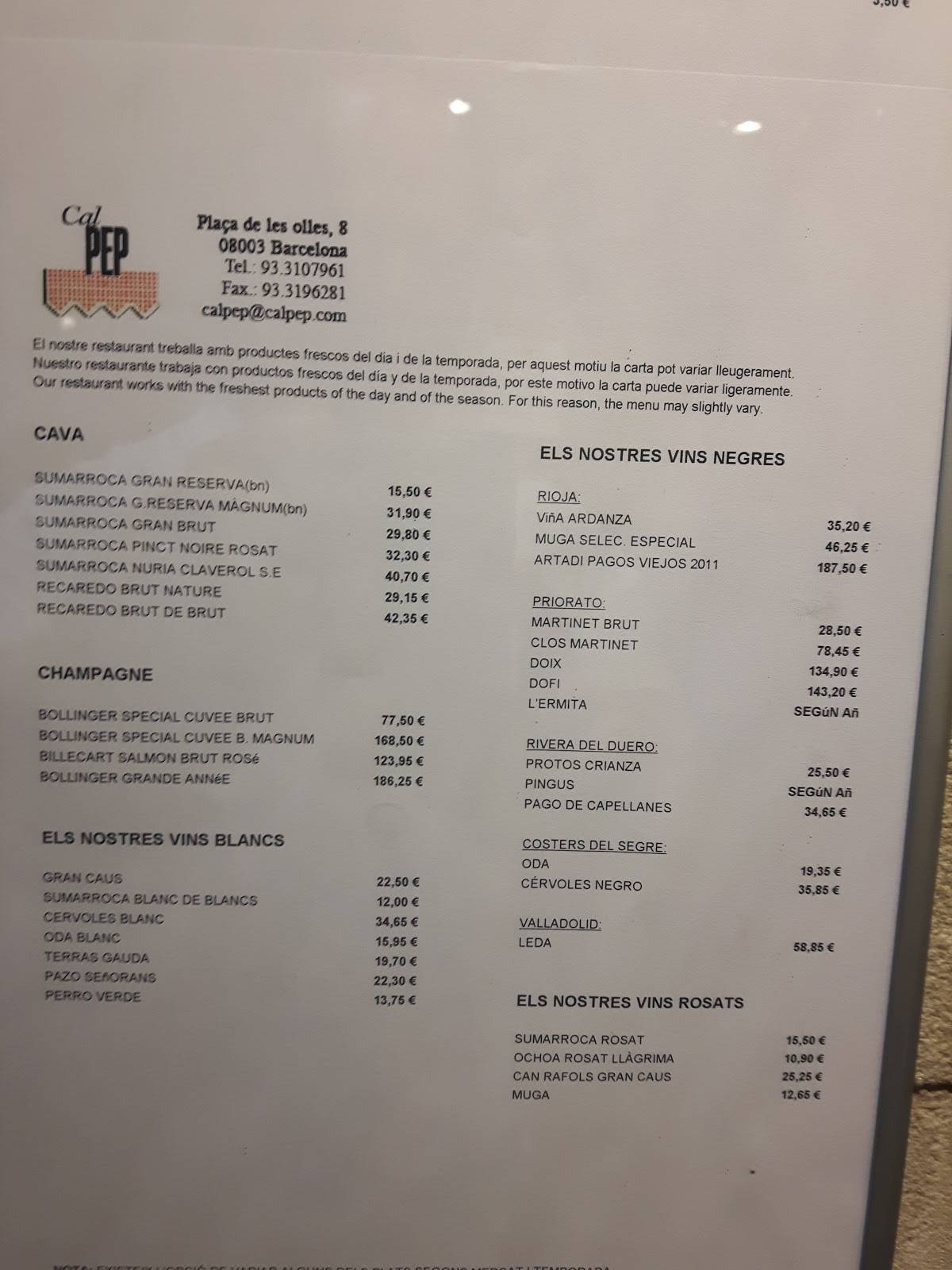 Menu at Cal Pep pub & bar, Barcelona, Plaça de les Olles