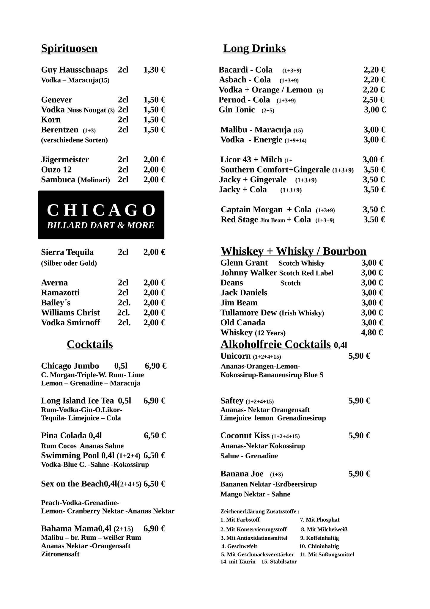 Speisekarte von Chicago Bar / Snooker / Darts, Koblenz, Moselweißer Str ...