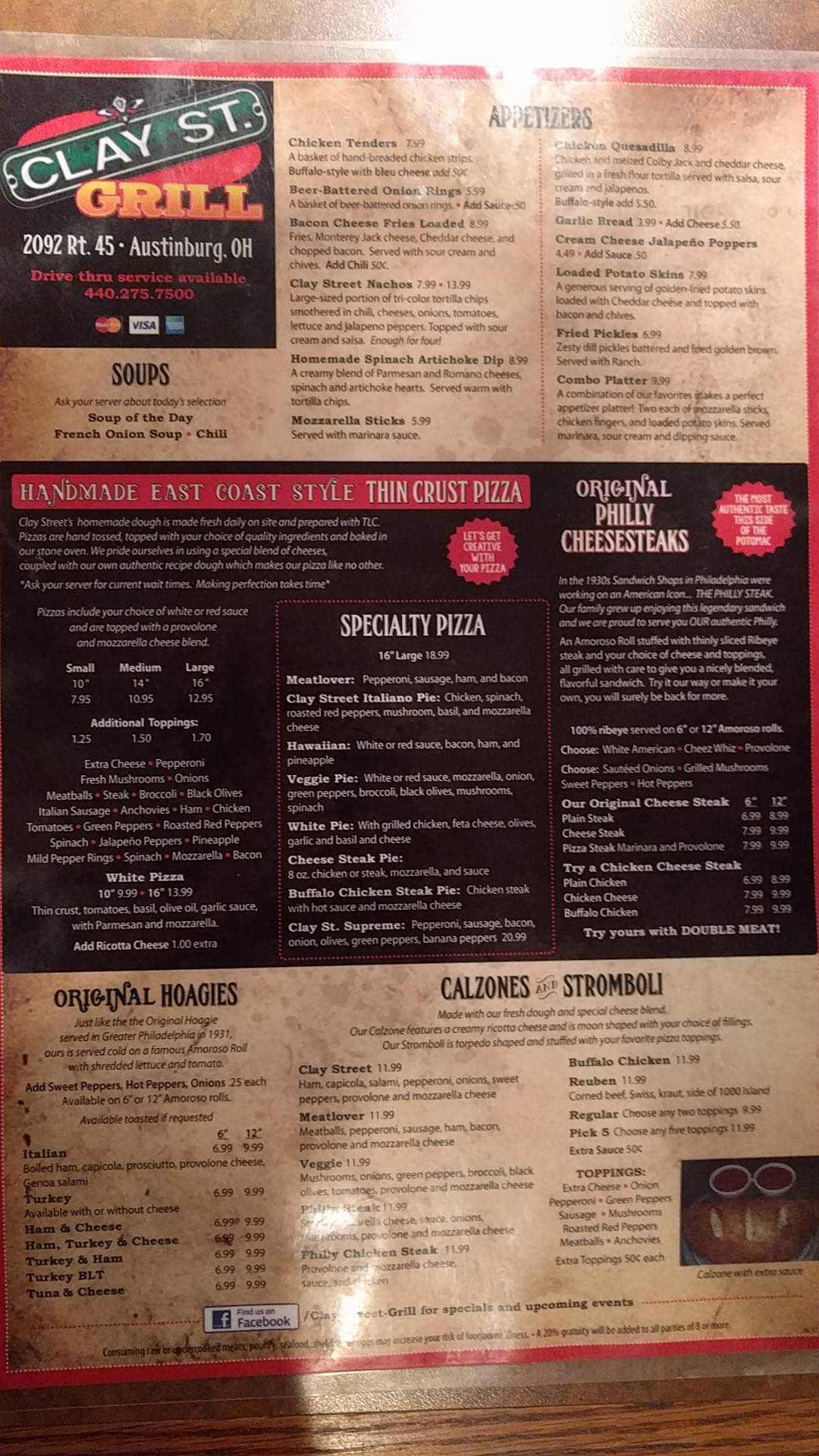 Menu at Clay Street Grill pub & bar, Austinburg