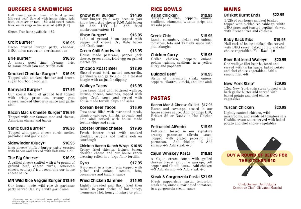 Menu at Croft Kitchen and Bar, Crosby