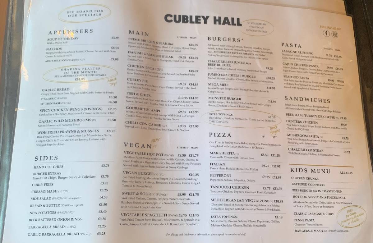 Menu at Cubley Hall pub & bar, Sheffield
