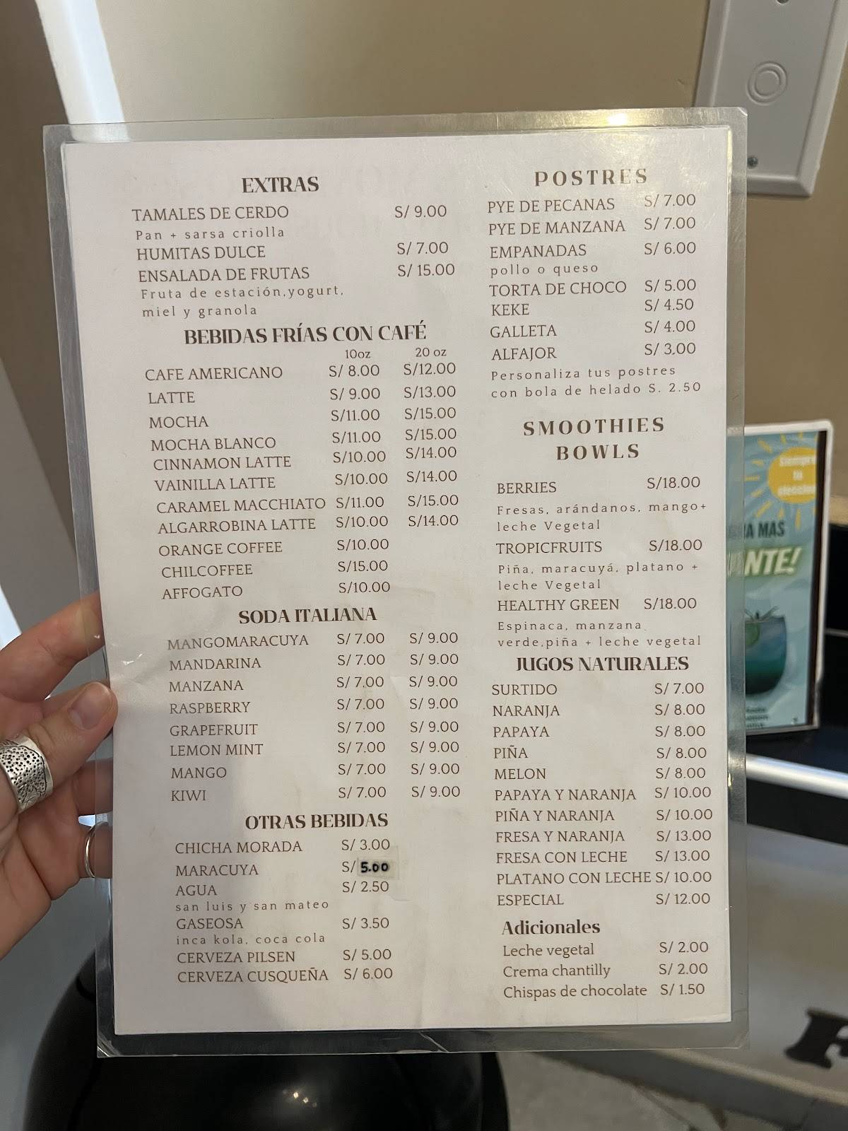 Carta de DULCES MOMENTOS COFFEE HOUSE, Nasca