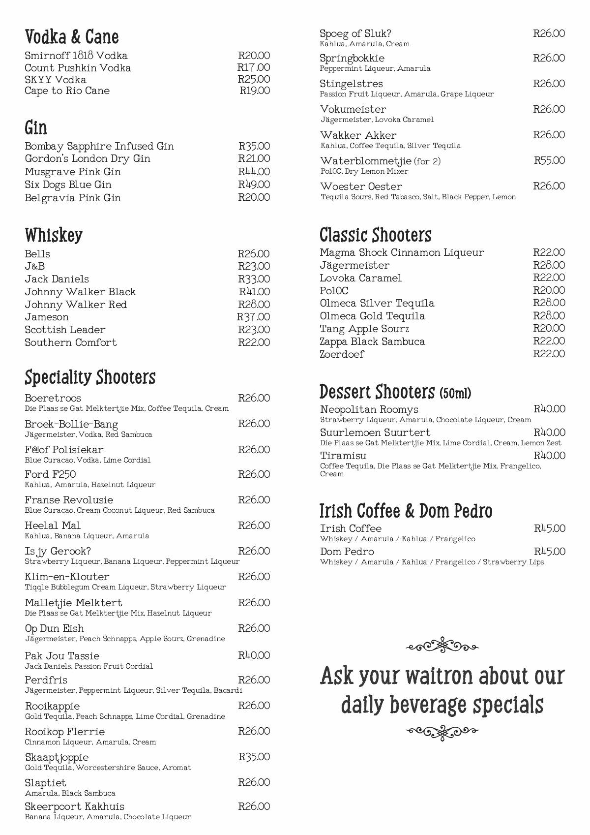 Menu at Die Plaas se Gat Restaurant, Hartbeespoort, Road 4048 R560 ...