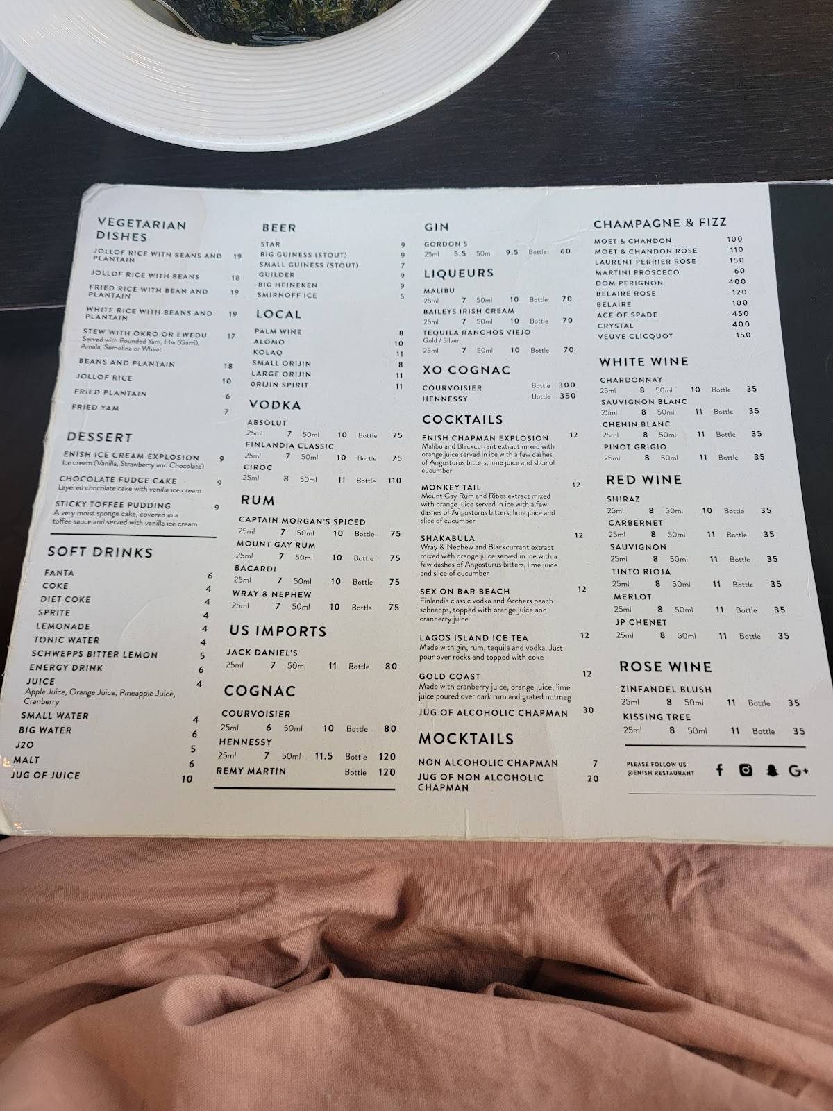 Menu at Enish Lewisham pub & bar, London, 228 Lewisham High St
