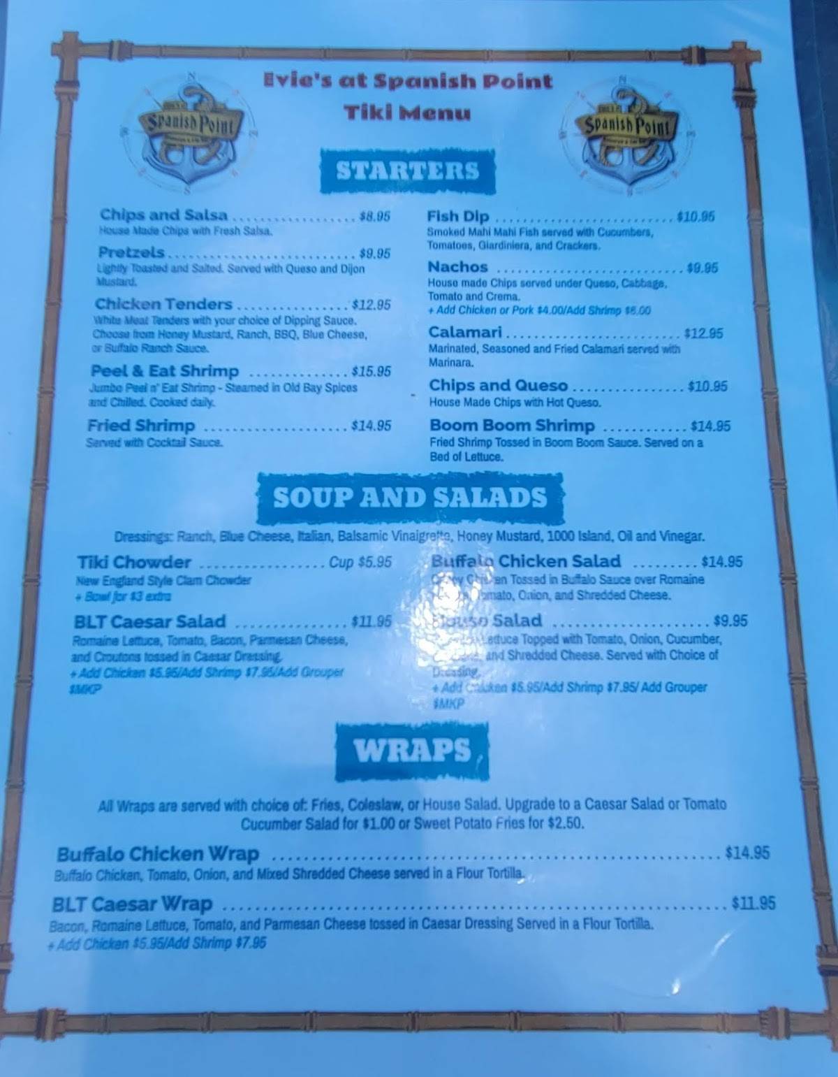 Menu at Evie's at Spanish Point - The Tiki pub & bar, Osprey