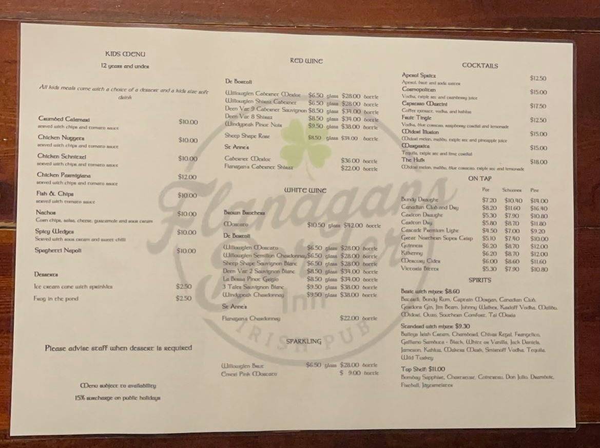 Menu at The Border Inn pub & bar, Bacchus Marsh
