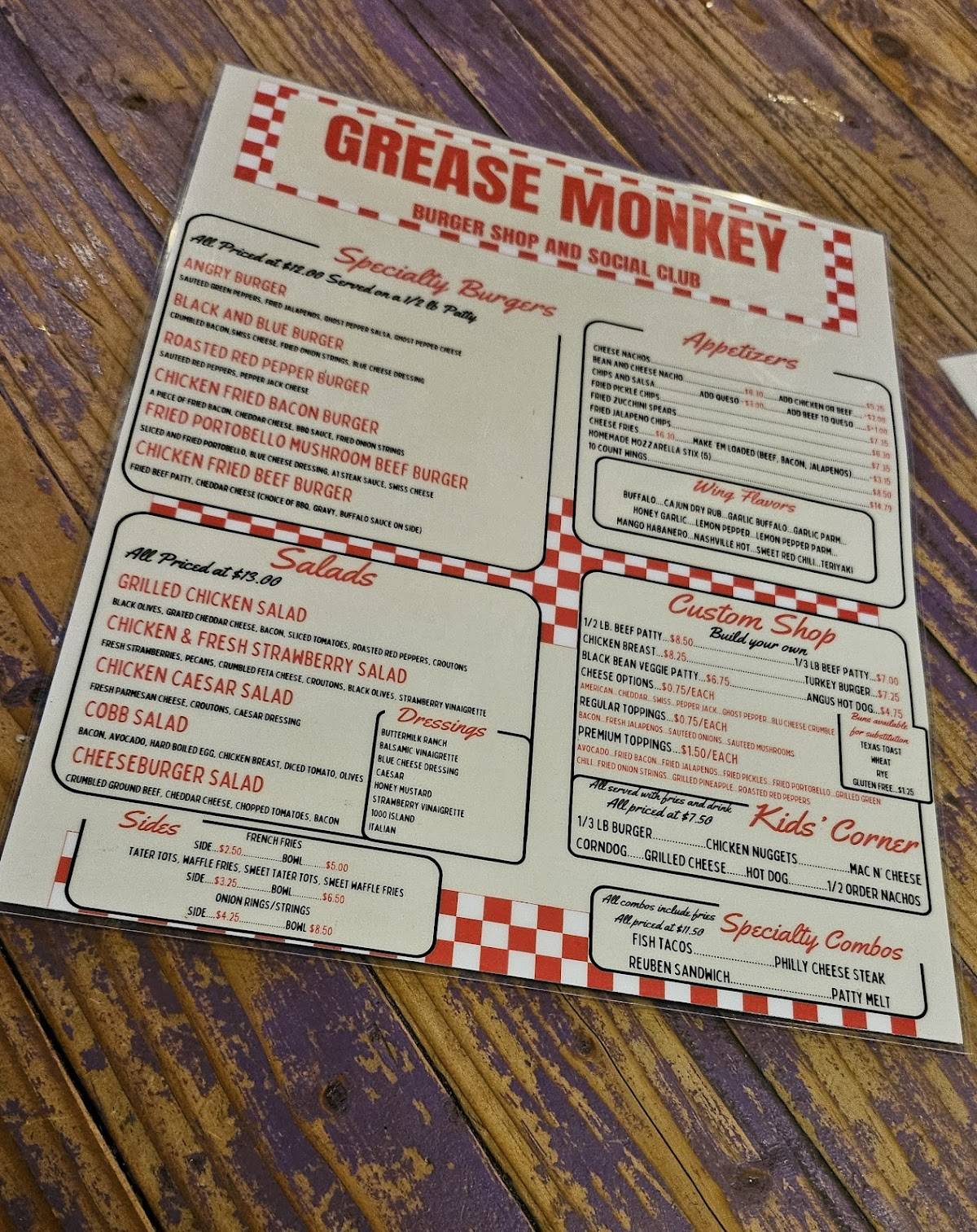 Menu at Grease Monkey Burger Shop pub & bar, Arlington