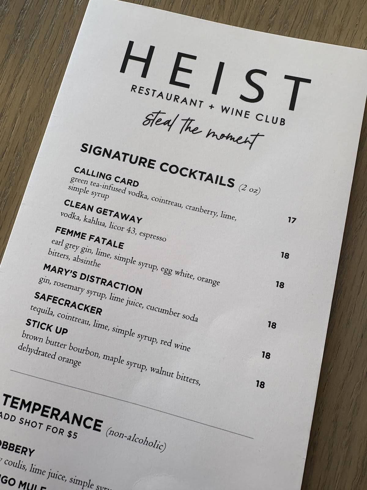 Menu at HEIST Restaurant + Wine Club, Kingston