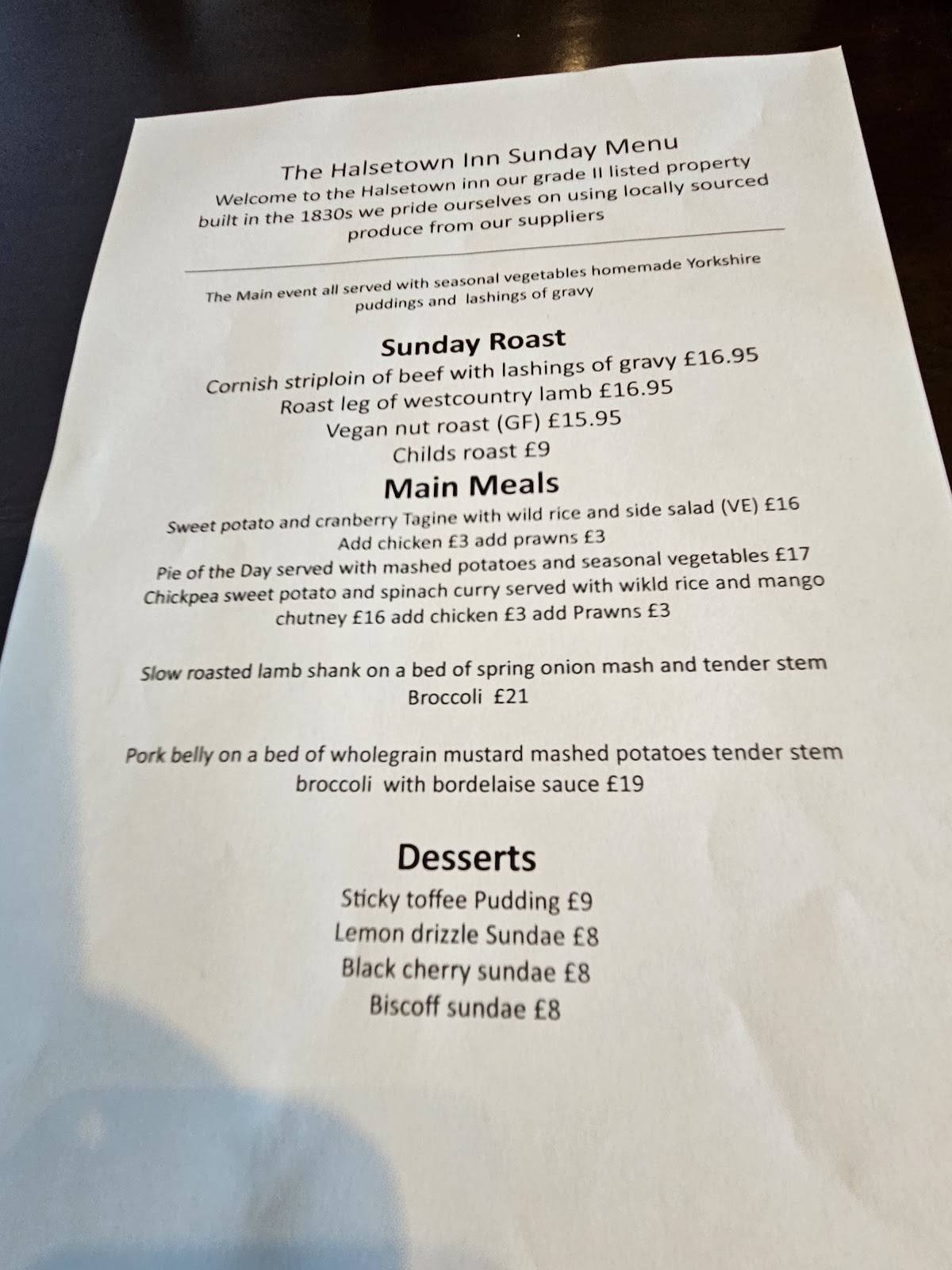 Menu at Halsetown Inn pub & bar, Saint Ives