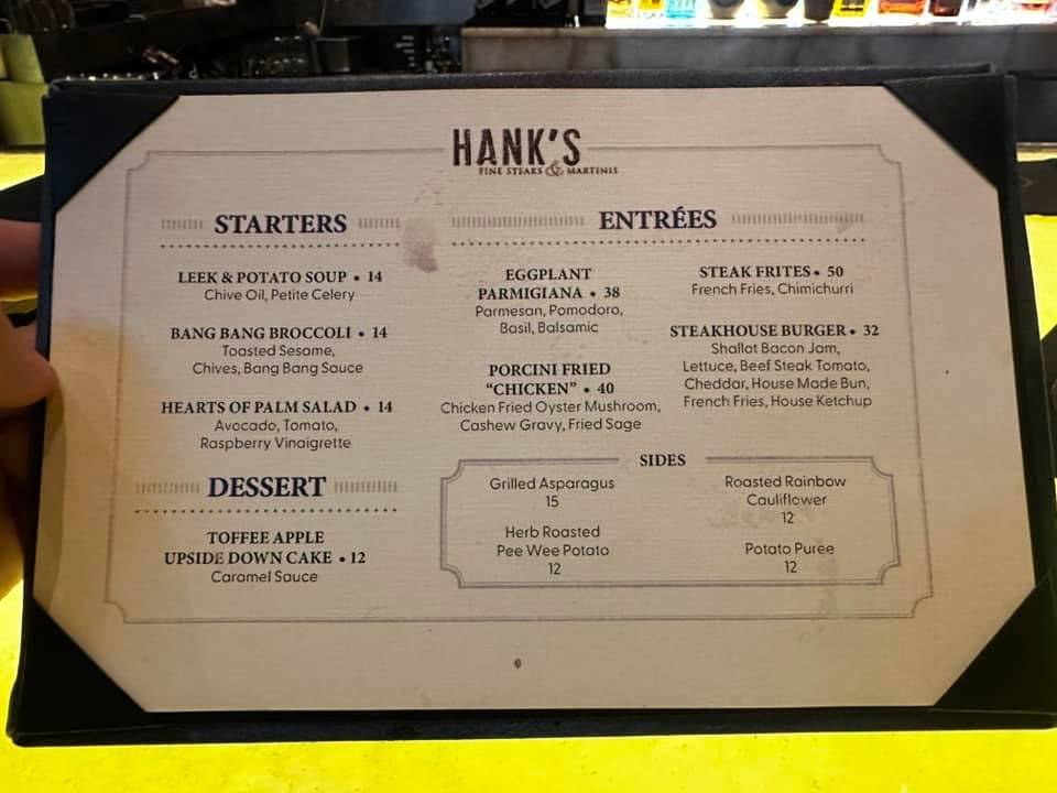 Menu at Hank's Fine Steaks & Martinis pub & bar, Henderson