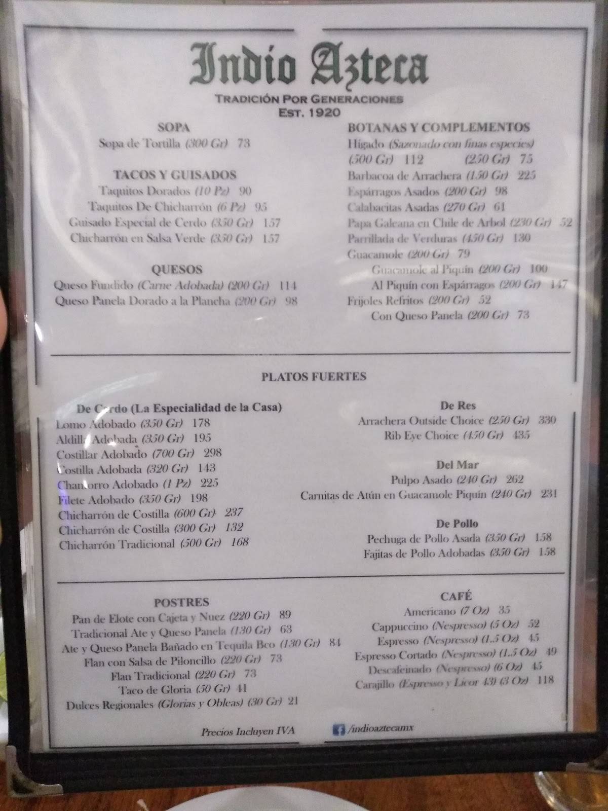 Carta del pub y bar Indio Azteca, Monterrey, Avenida Francisco I ...