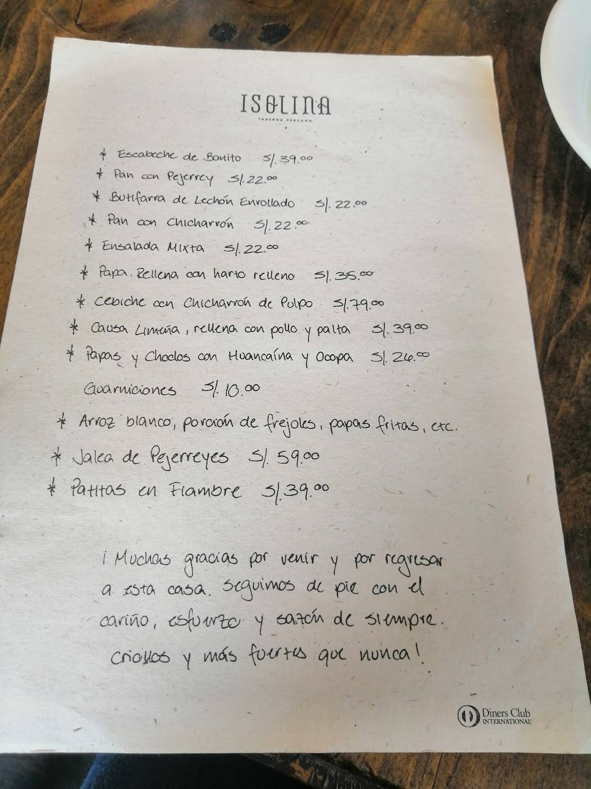 Carta del restaurante Isolina Taberna Peruana, Barranco