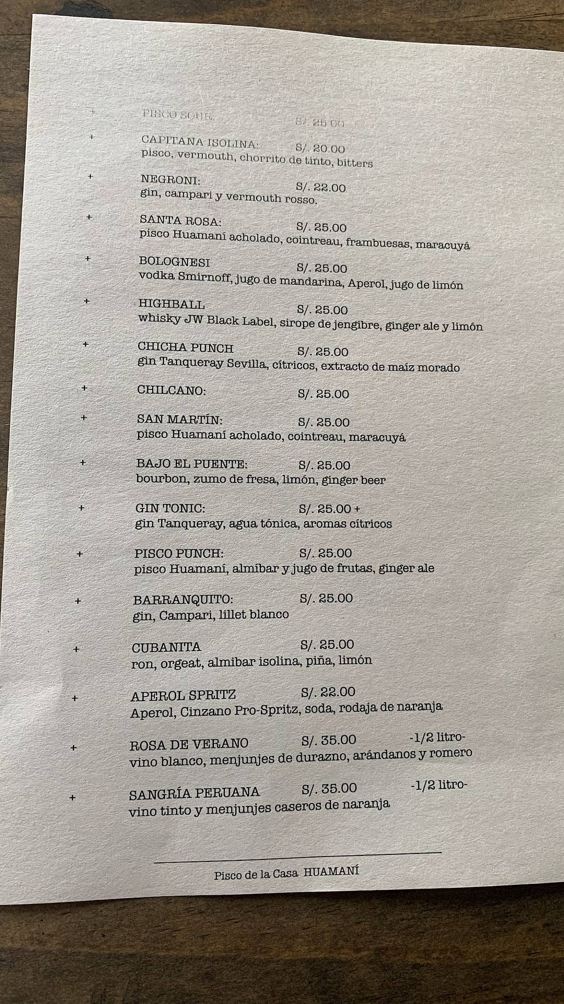 Carta del restaurante Isolina Taberna Peruana, Barranco