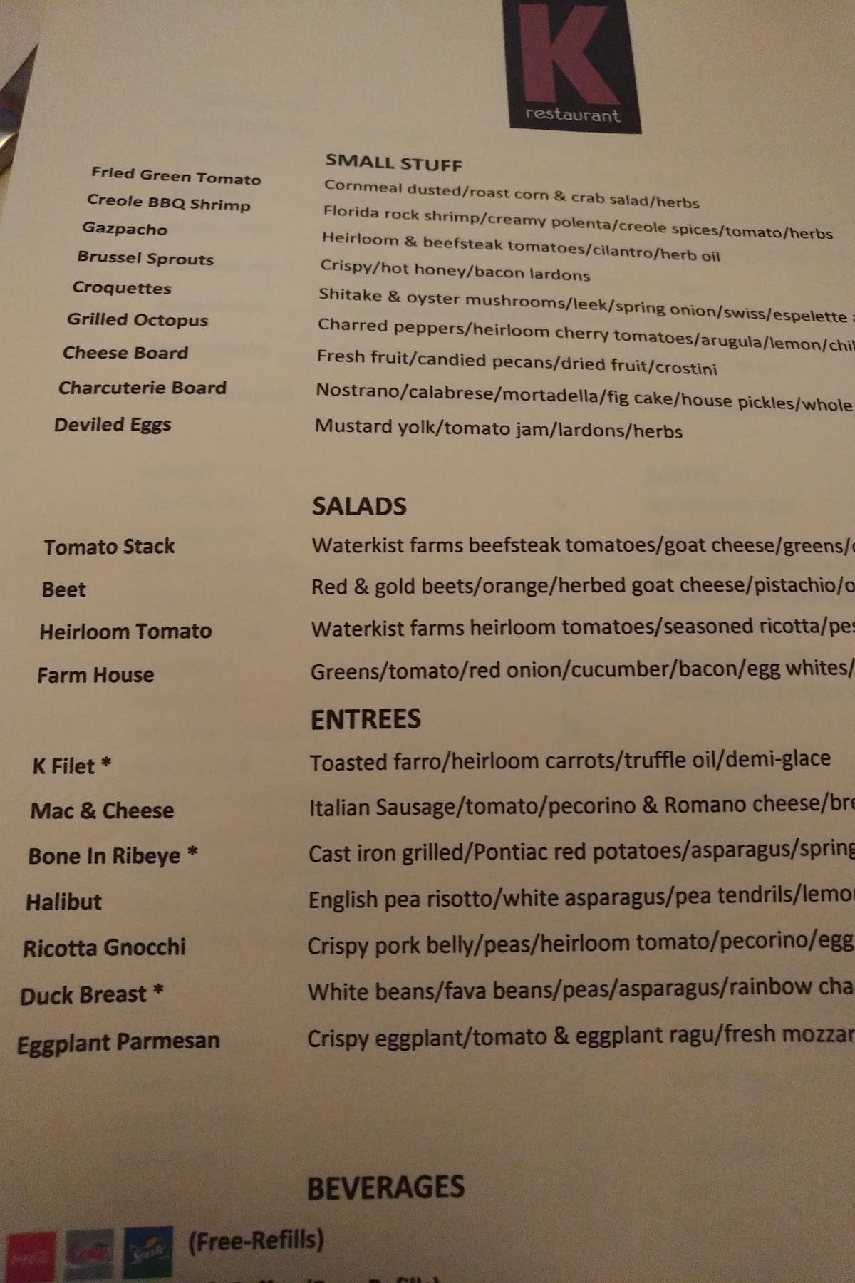 Menu at K Restaurant, Orlando