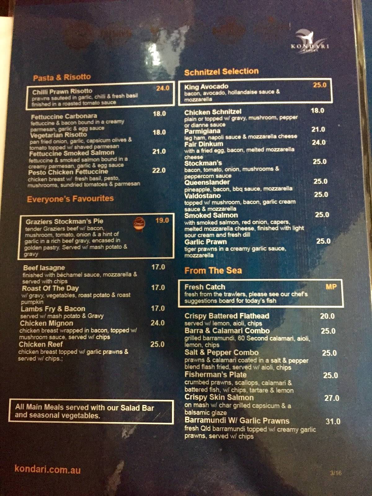 Menu at Kondari Hotel pub & bar, Urangan