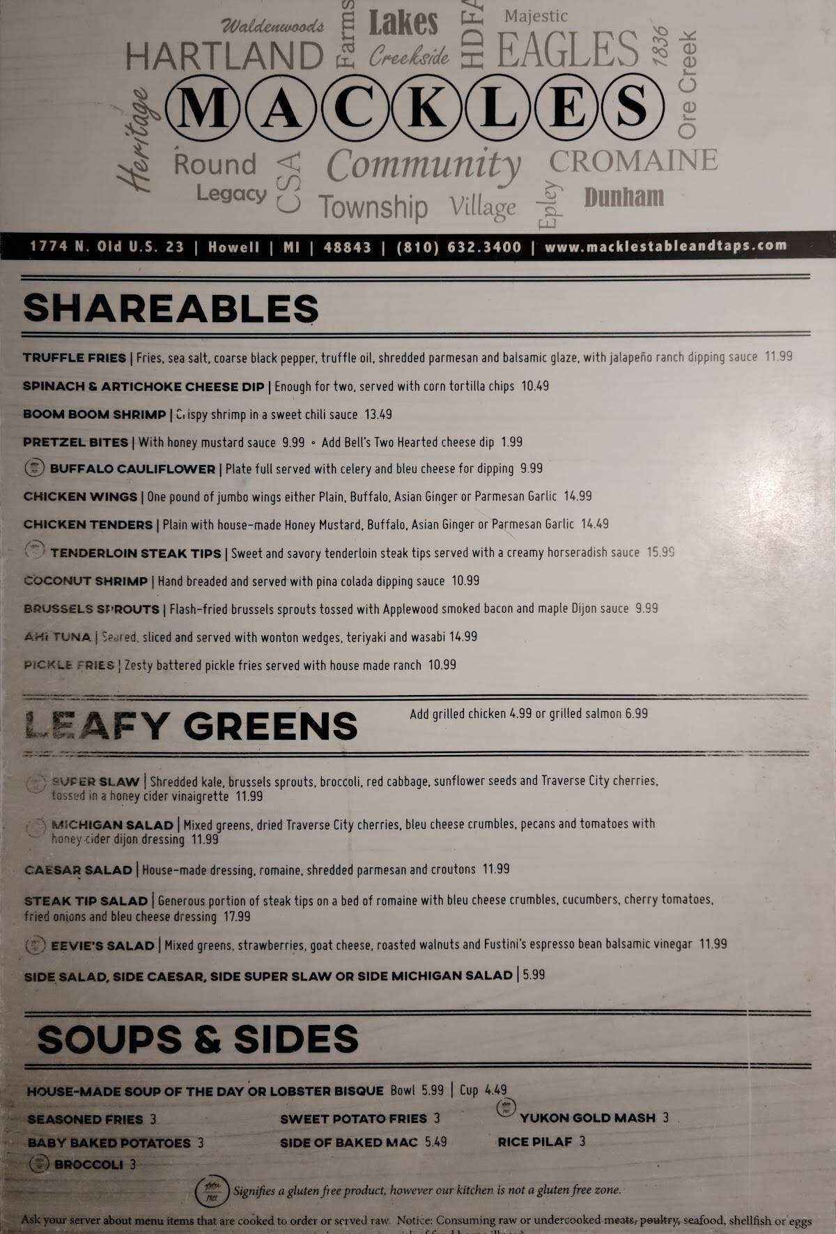Menu at Mackle's Table and Taps pub & bar, Hartland